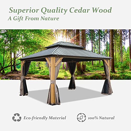domi outdoor living 12x14 ft Wood Gazebo, Cedar Frame Hardtop Gazebo with Galvanized Steel Double Roof, Netting & Curtains, Patio Pergola Pavilion for Patio, Backyard, Deck, Lawns