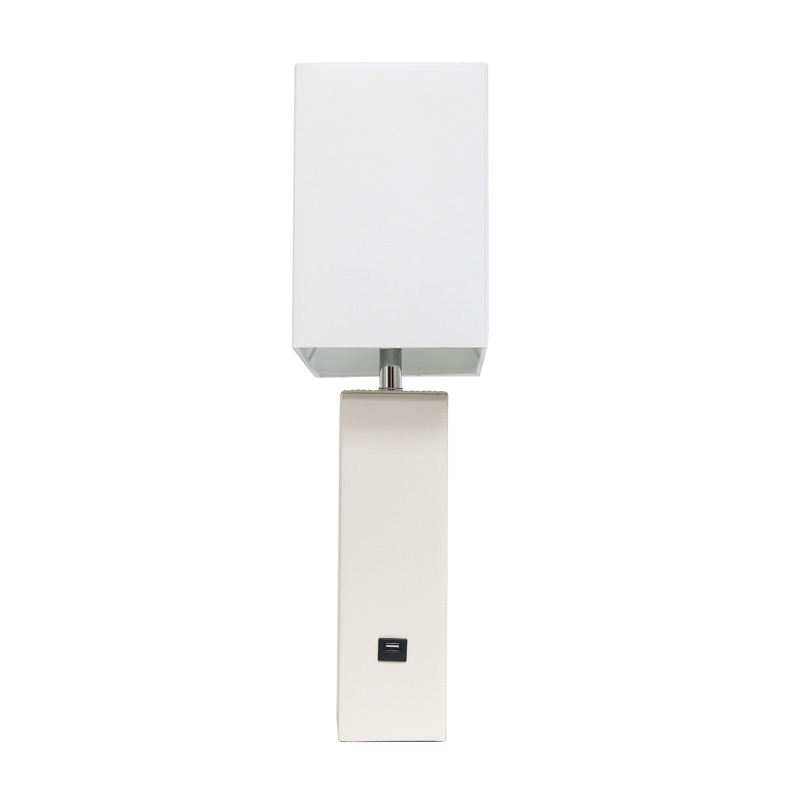 Elegant Designs LT1053-WHT Modern Leather Table Lamp with USB and White Fabric Shade, White