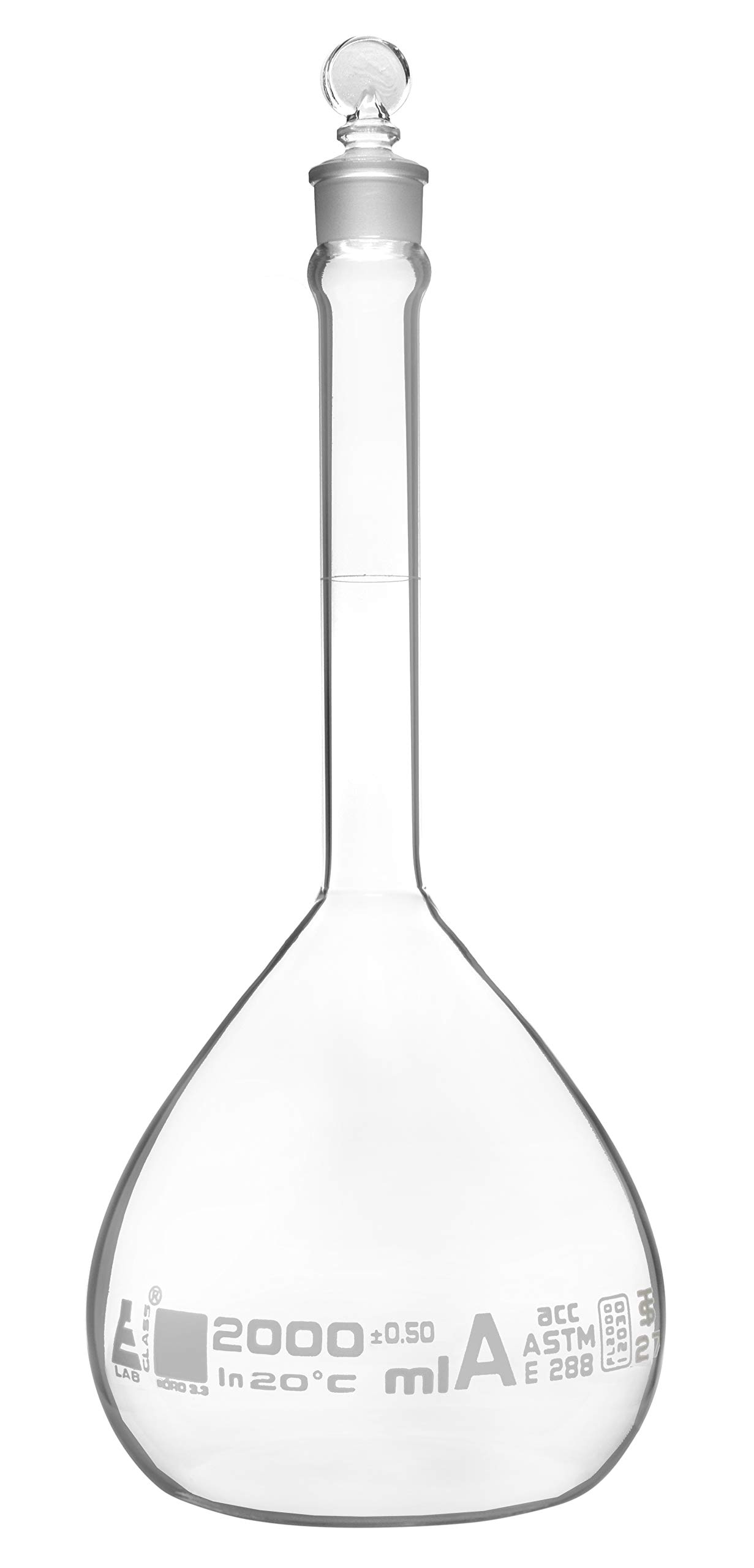 EISCO Volumetric Flask, 2000ml - Class A, ASTM - Tolerance ±0.500 ml - Glass Stopper - Single, White Graduation