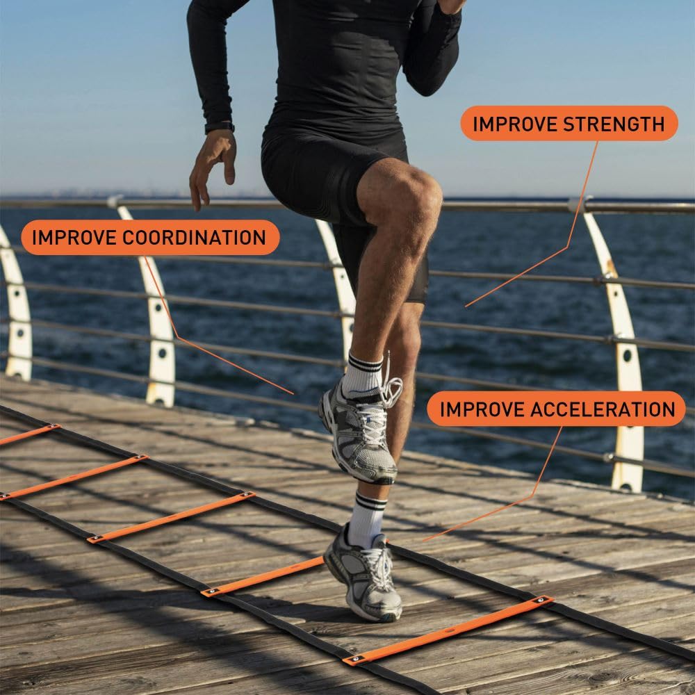 Athletivi Agility Training Equipment Set for Proffesional Training, Adults, Youth & Kids. Soccer & Footbal Training Set with Fixed-Rung Ladder - Enhance Speed, Power & Strength. (Orange Set)