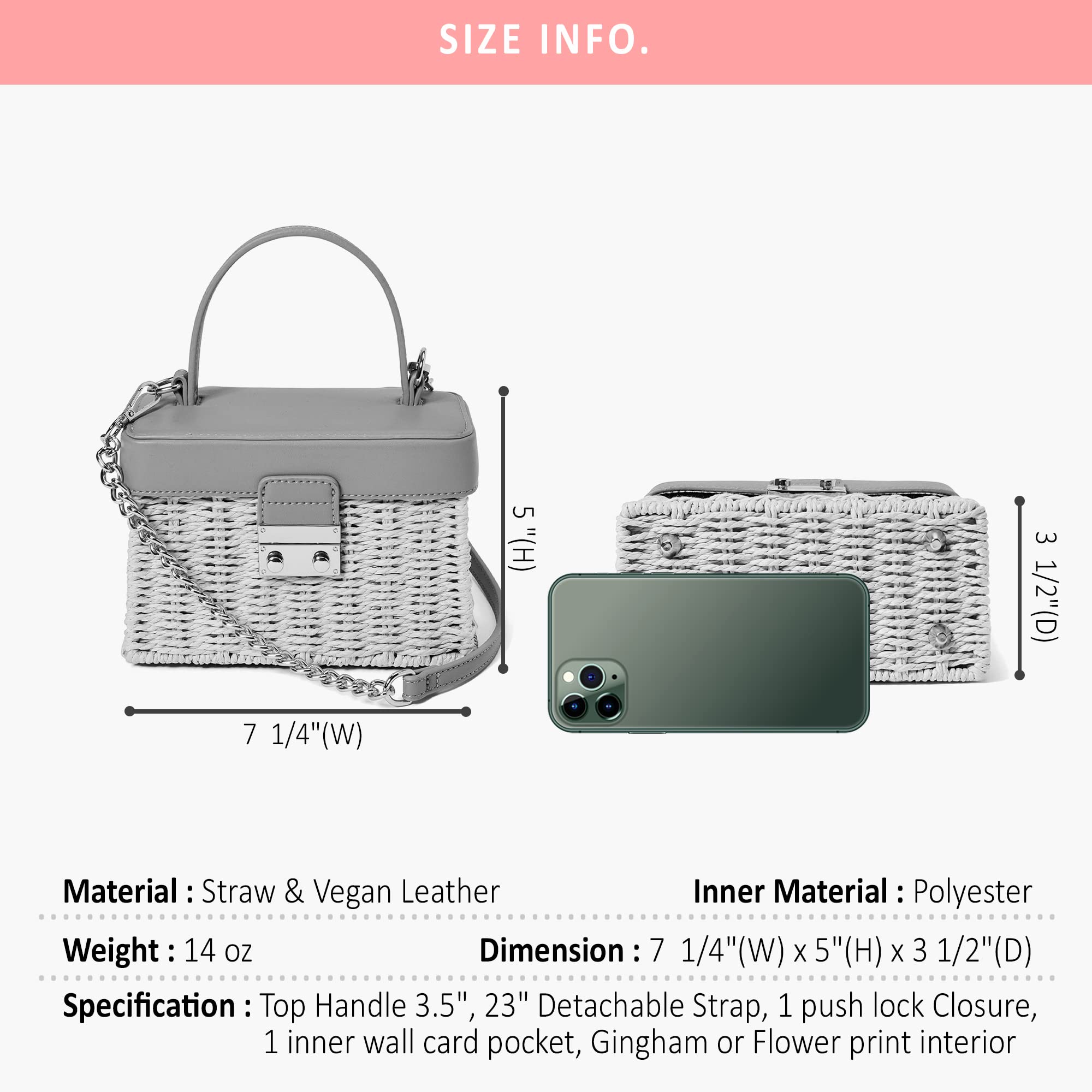 Like Dreams Small Summer Bag for Women Woven Straw Crossbody Vegan Leather Top Handle Plaid Inner Purse (Blush)