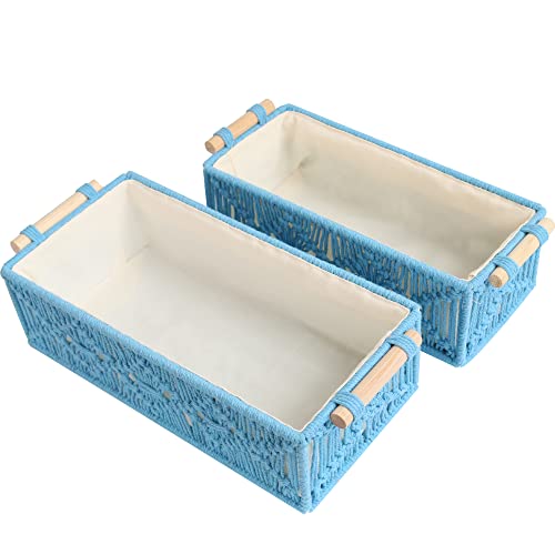 FEILANDUO Shelf Baskets 2Pcs Macrame Toilet Paper Storage Baskets for Organizing Boho Decor Boxes Bathroom Woven Baskets with Handle Home Decoration (Blue)