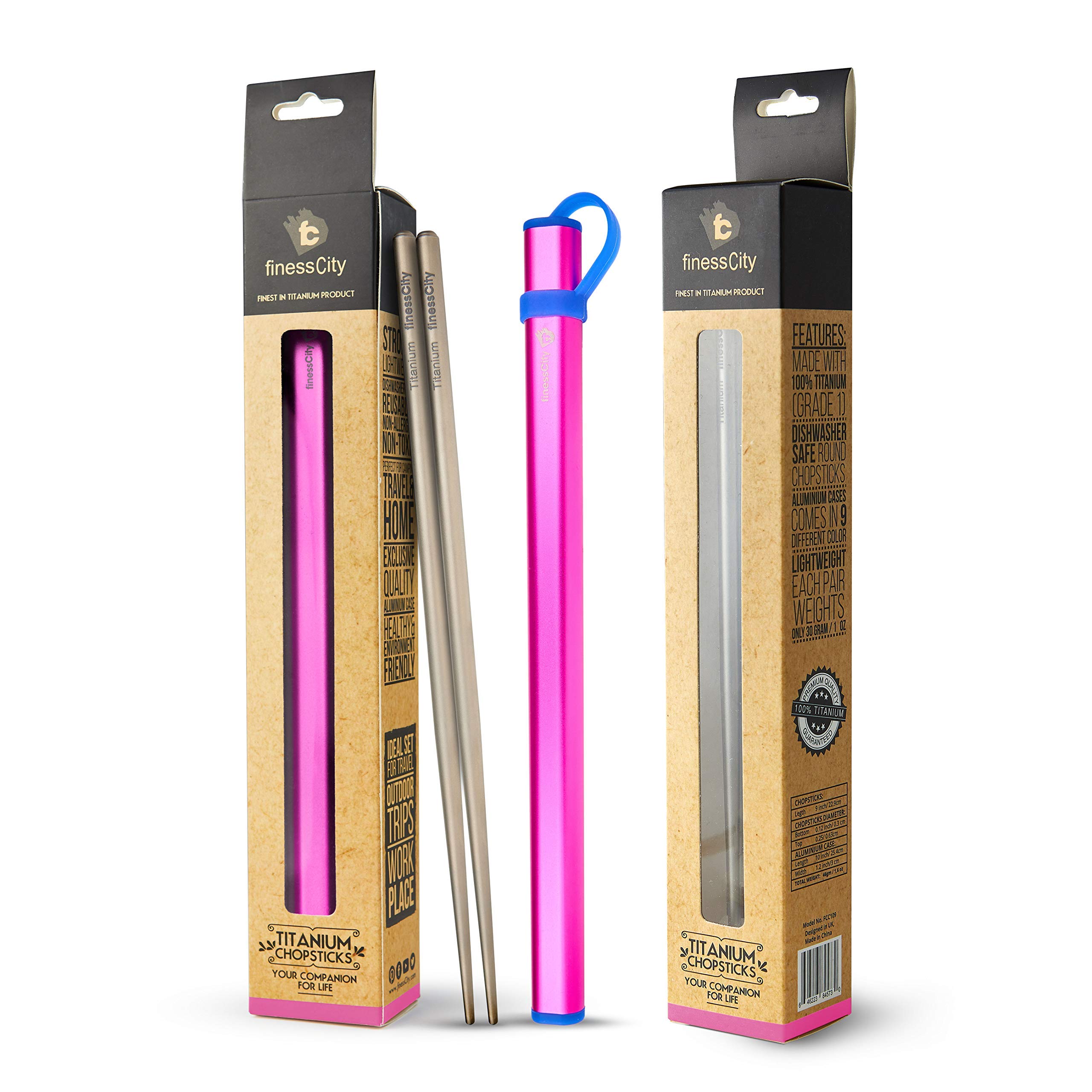 finessCity Chopsticks, 1 Pair of Chopstick, Titanium Chopsticks with Aluminium Case (Pink)