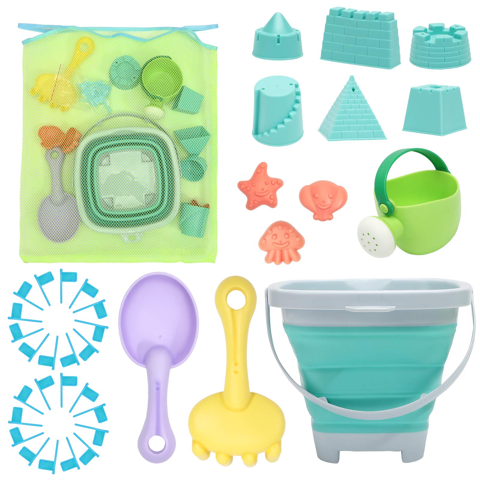 RACPNEL Beach Toys Sand Set for Kids, Collapsible Bucket and Shovels with Mesh Bag, Molds, Flags, Sandbox Kids Toddlers, Travel (Tavel Size)