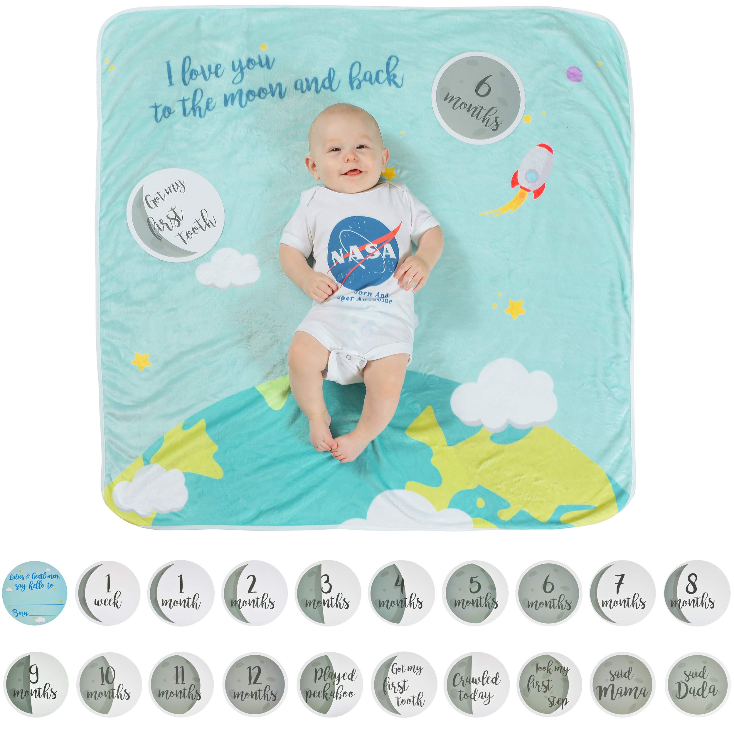 Baby Monthly Milestone Blanket with 20 Milestone Moments Props for Boy & Girl, Photography Blankets, Organic Thick Fleece Blanket Backdrop for Personalized Month Pictures for Girls and Boys