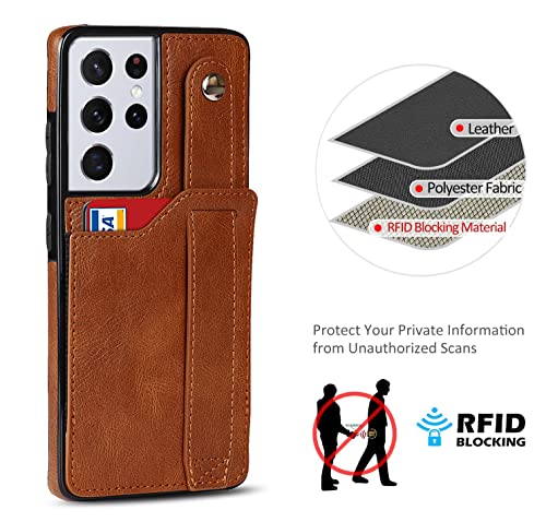 Design for Samsung Galaxy S21 Ultra Phone Case with Screen Protector Adjustable Wrist Strap Kickstand Credit Card Slot Slim Shockproof Hybrid Rugged Protective Cover for Women Girls 6.8 inch Blue