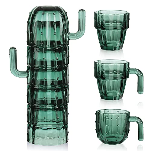 Joeyan Vintage Glassware, Stackable Cactus Drinking Glass Cups, Vintage Green Colored Drinking Glass Tumblers for Wine Juice Beverages Water Coffee, Set of 6, 8 oz, Heavy Duty, Dishwasher Safe