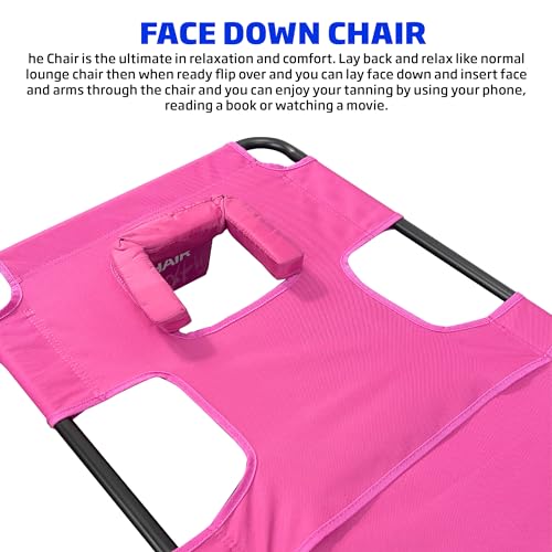 Face Down Tanning Chaise Lounge Chair - Face & Arm Holes - 2 Legs Support - Polyester Material β Backrest Positions - Head Rest Pillow - Beach or Home Use - Read and Tan - Pink Stripes Pattern