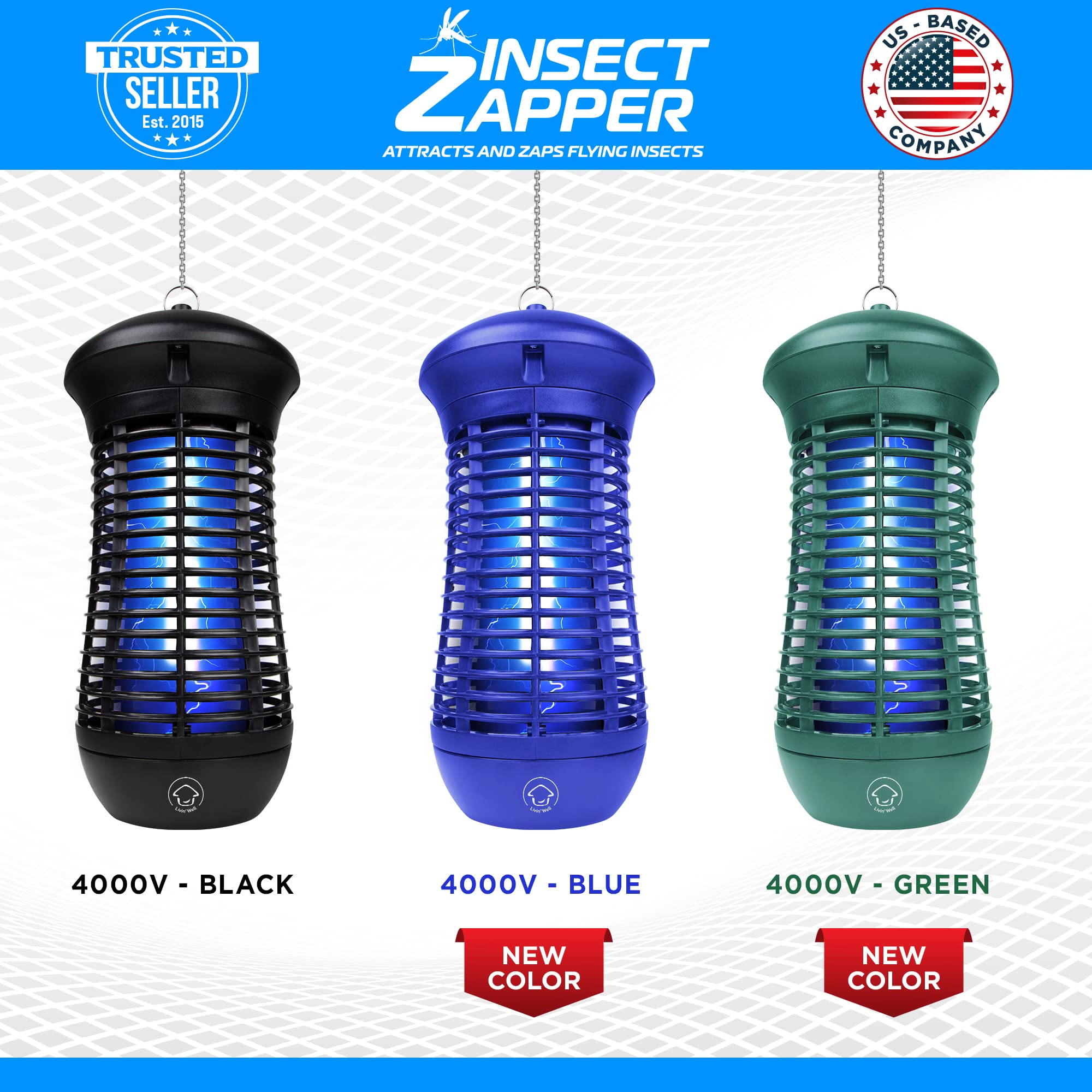 Livin’ Well Green Bug Zapper Indoor Outdoor - 4000V High Powered Electric Mosquito Zapper Home Patio, 1,500 Sq Ft Range Fly Zapper Mosquito Trap, 18W UVA Bulb Mosquito Killer Lamp Insect Bug Light