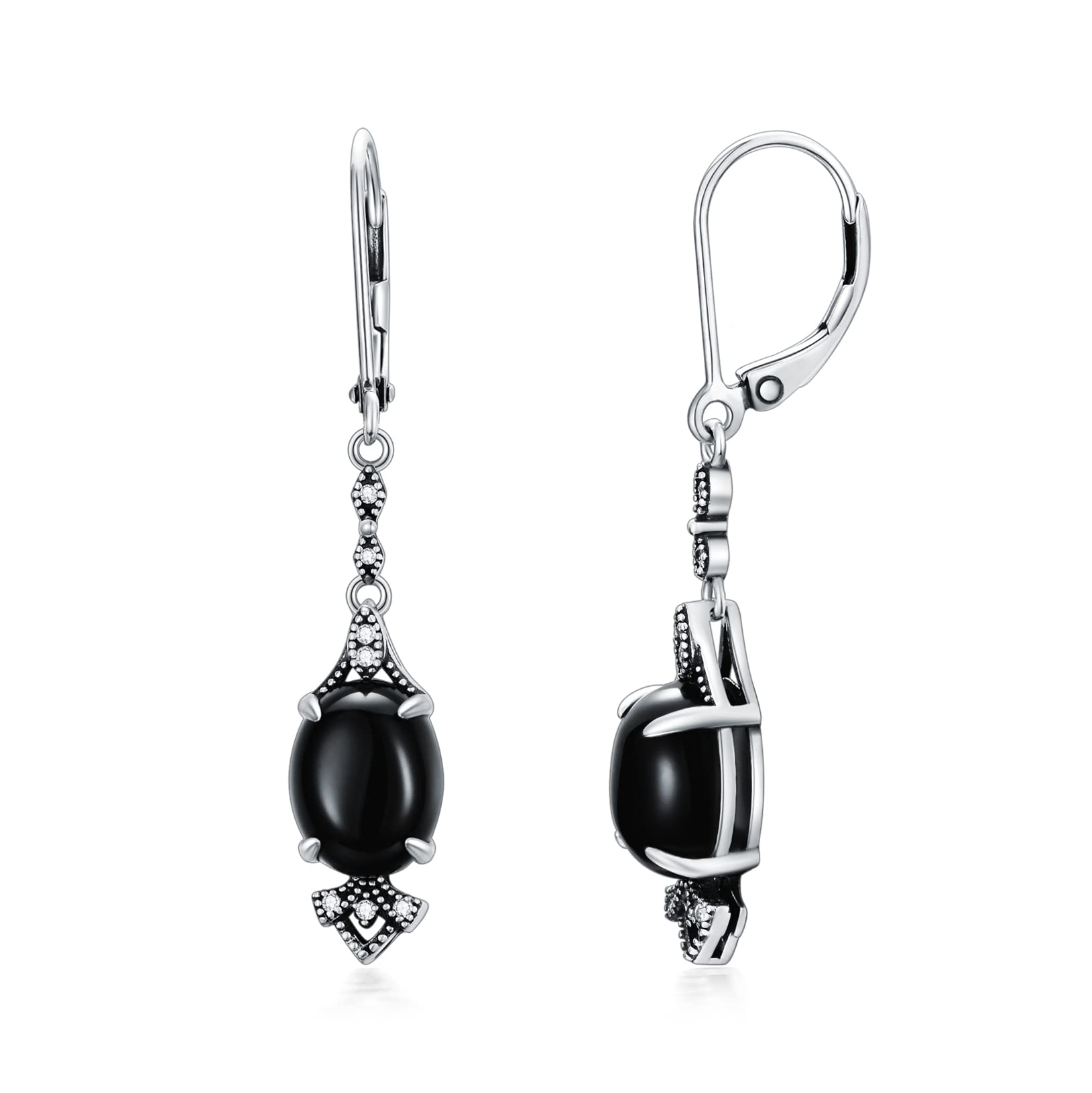 Black Onyx Earrings 925 Sterling Silver Gothic Vintage Oval 10mm Stone Dangle Drop Leverback Earrings for Women