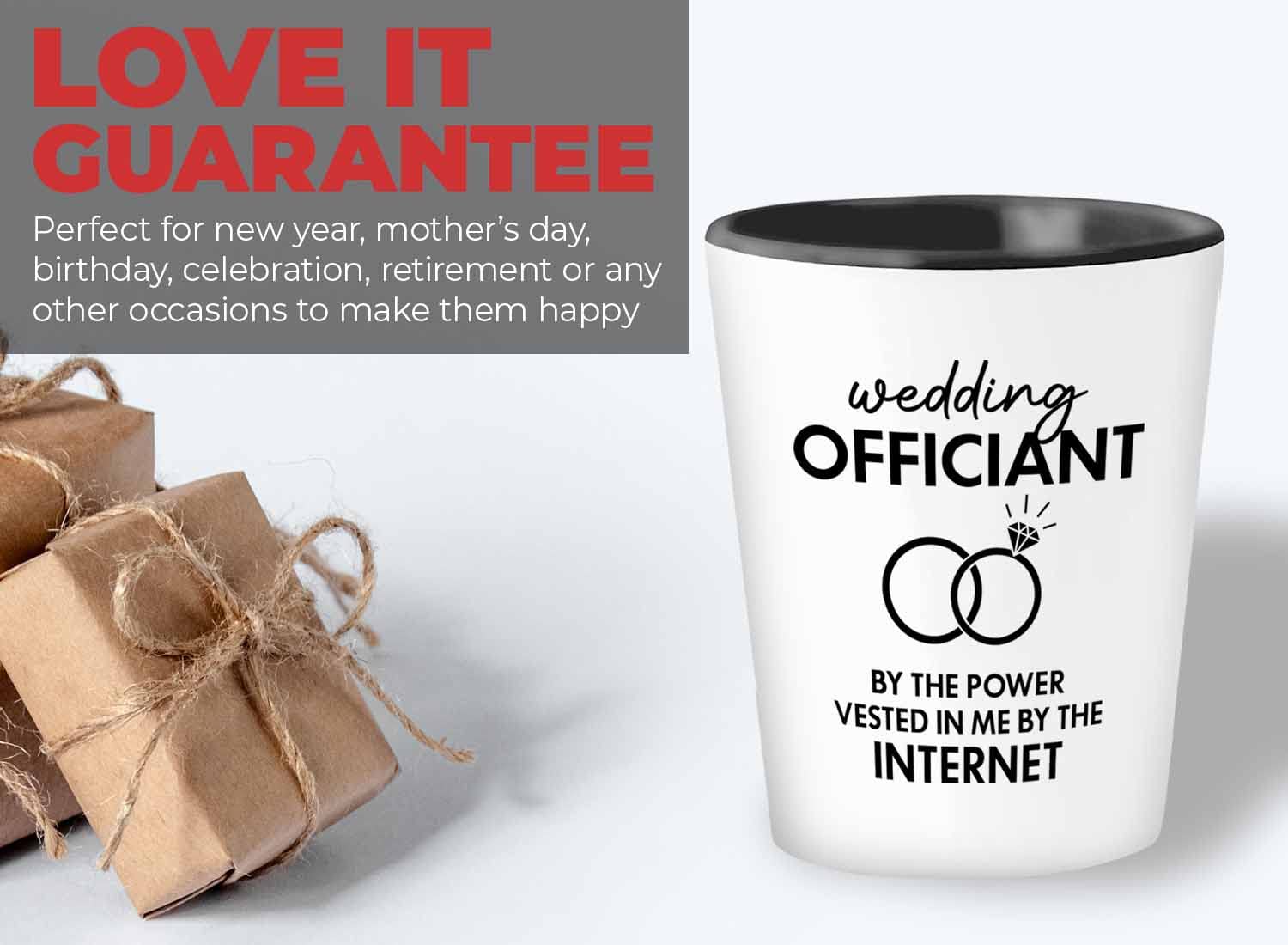 Bubble Hugs Wedding Officiant Shot Glass 1.5oz - Power Vested by Internet - Funny Officiant Proposal Marry Us Invitation Pastor Priest Internet Ordained Minister Humor
