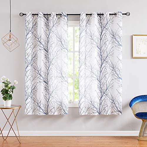 FMFUNCTEX Print Blue White Semi-Sheer Curtain Panels for Bedroom 63β Grey Tree Branch Printing on Linen Textured Window Treatment Set for Living Room Draperies 50βw 2-Pack