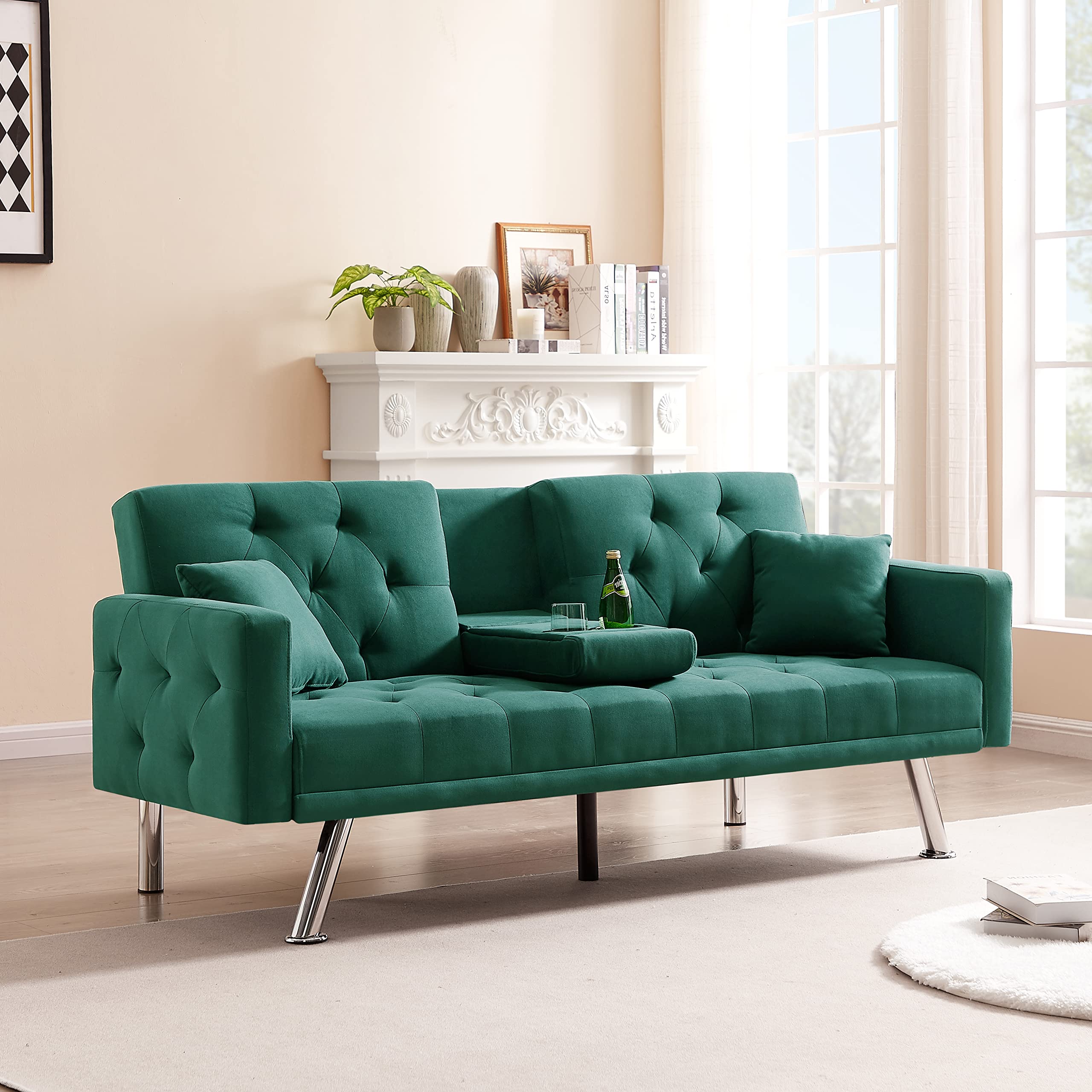 mikibama 76 Inch Futon Sofa Bed with Cup Holders, Linen Convertible Folding Futon Couch with Adjustable Backrest and Throw Pillows for Living Room, Tufted Sleeper Sofa with Metal Legs (Teal)