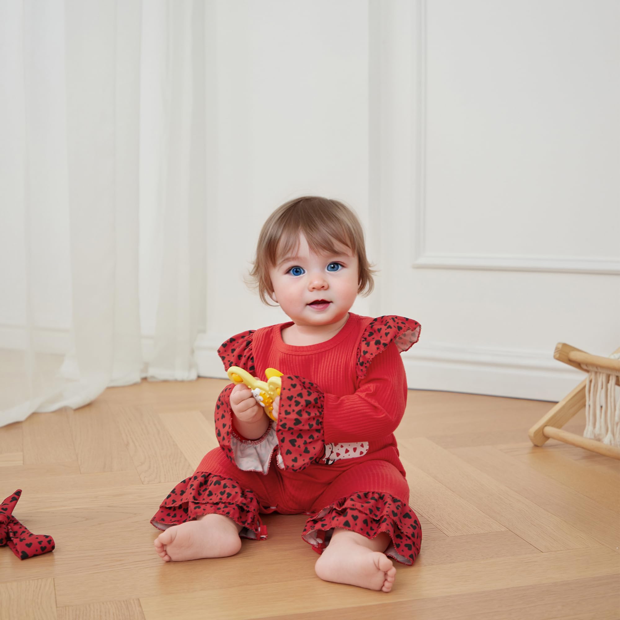 Emmababy Valentines Day Outfit Baby Girl Flared Jumpsuit Heart Print Ruffle Romper Long Sleeve Playsuit Bodysuit Headbands (red, 0-3 Months)