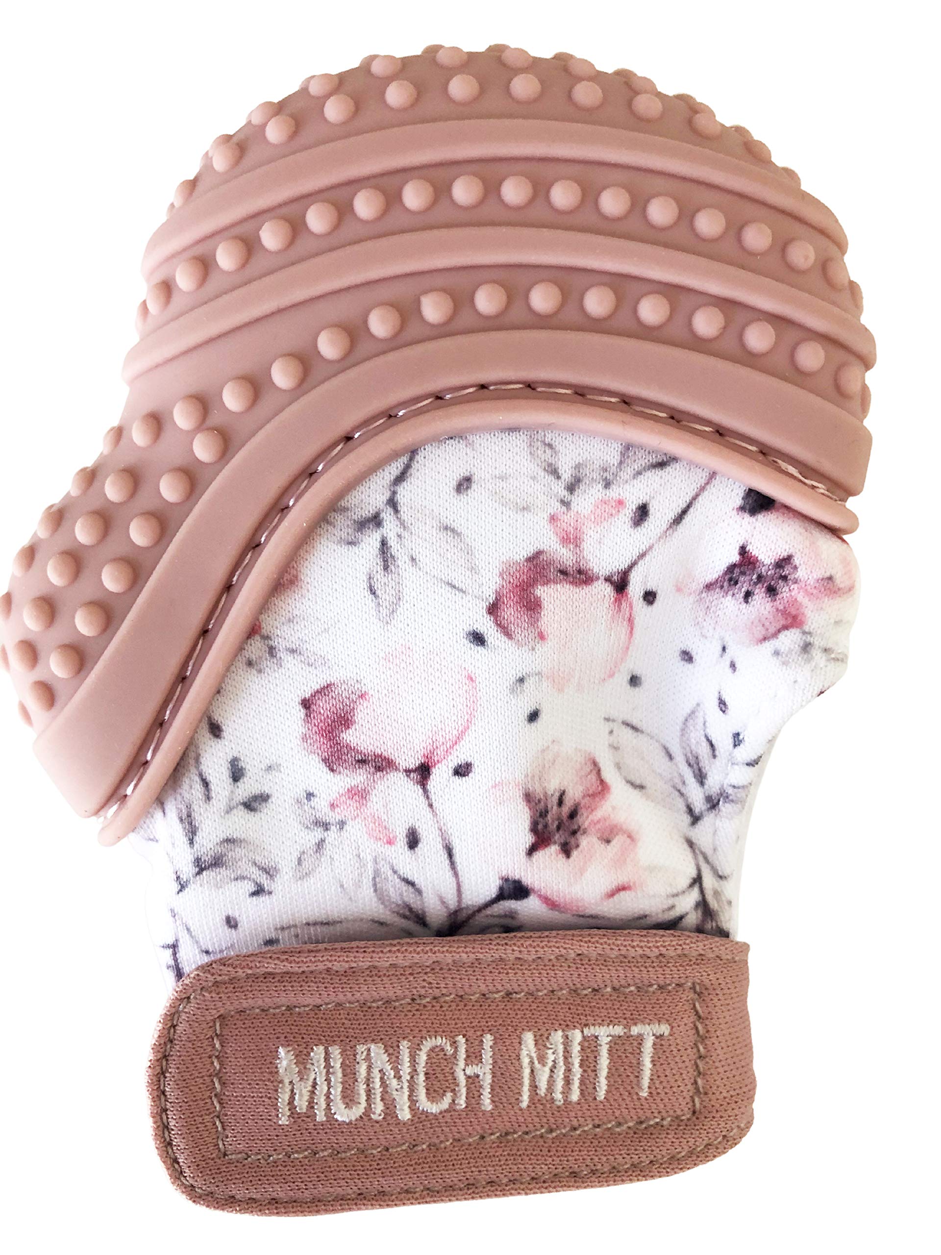 Malarkey Kids Munch Mitt and Chew Cube 2-Pack | Baby Teething Mitten Protects Hands from Chewing & Saliva, Heals Aching Gums, Promotes Sound & Visual Stimulation for Babies (Mauve and Spring Flower)