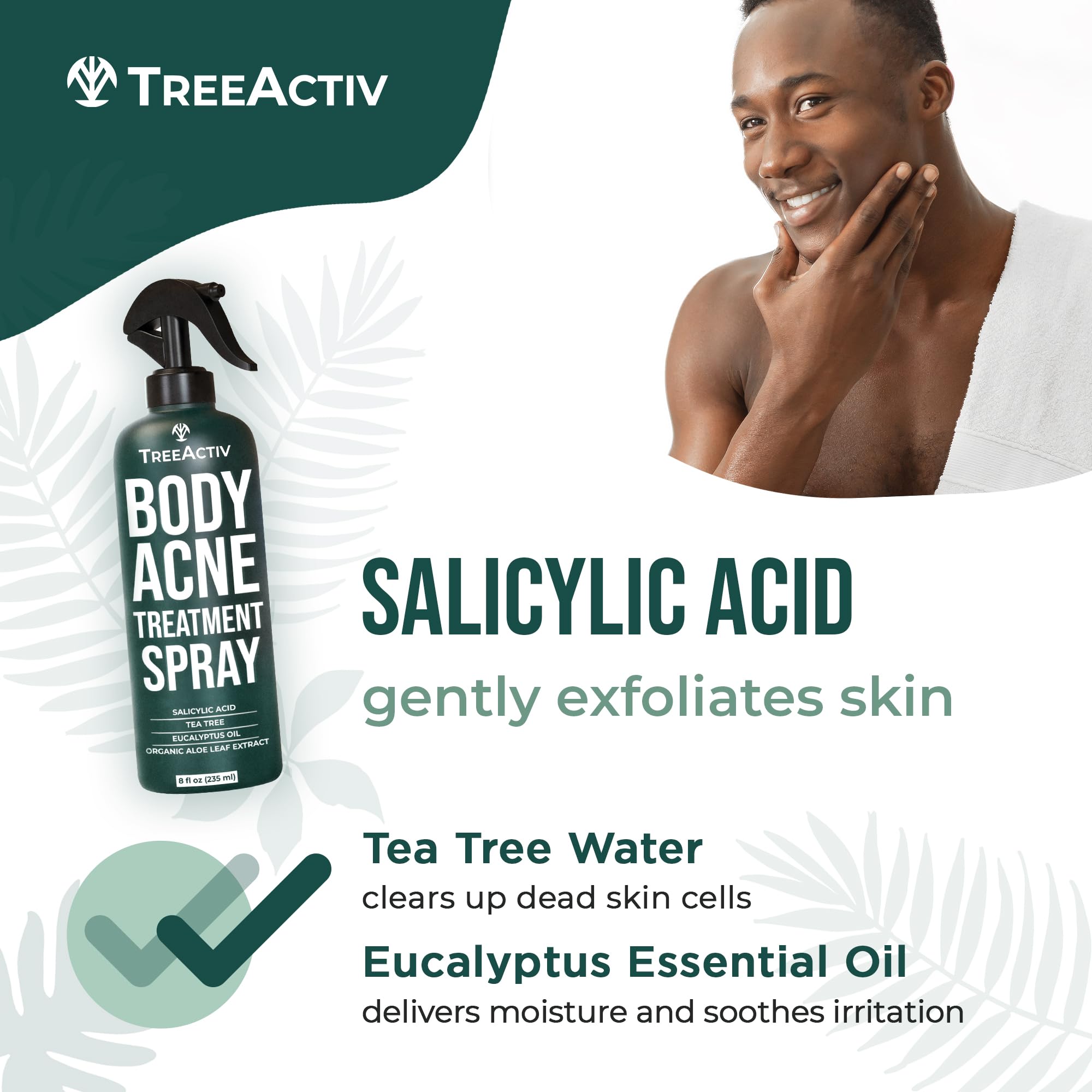 TreeActiv Body Acne Treatment Spray, 8 fl oz, 2% Salicylic Acid Spray for Body, Back Acne Treatment Spray with Tea Tree Oil and Aloe Vera, Gentle Back Acne Spray that Clears Body Acne, 2000+ Uses