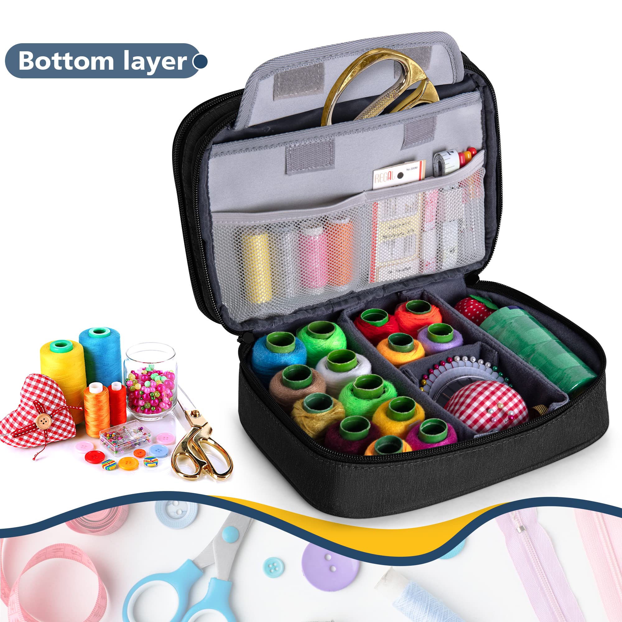 BUBM Double Layer Sewing Organizer with Detachable Dividers, Sewing Supplies Organizer for Sewing kits (BAG ONLY), Black