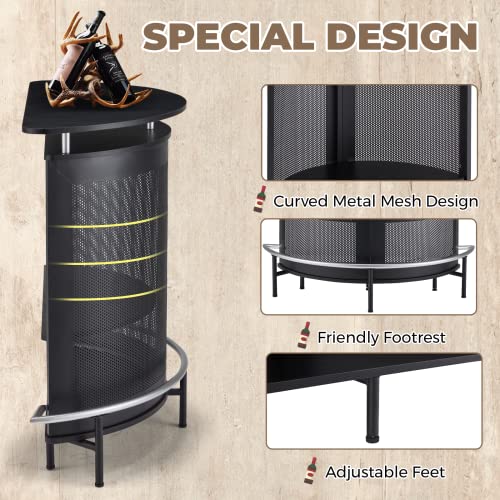 JOMEED Bar Table with Storage, High Top Table with Metal Mesh Front, Goblet Holders and Footrest, Semi Cylindrical Shape Black Liquor Bar for Home