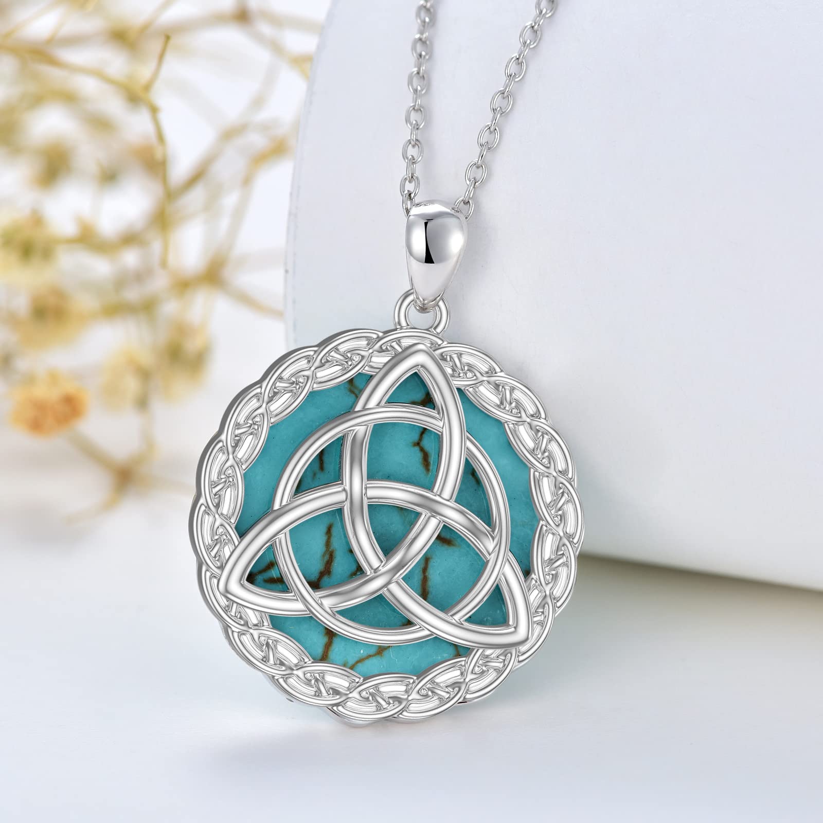 BETHZA Celtic Necklace 925 Sterling Silver Genuine Turquoise Trinity Knot Pendant Good Luck Irish Jewelry Gift for Women Christmas St. Patrick's Day