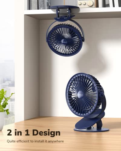 CAFELE Stroller Clip on Fan, 【Ultra Quiet】 Rechargeable Battery Operated Personal Fan Strong Airflow, 4 Speeds Max 24Hrs 6-inch Small Portable Fan for Bed Desk Car Seat White Blue