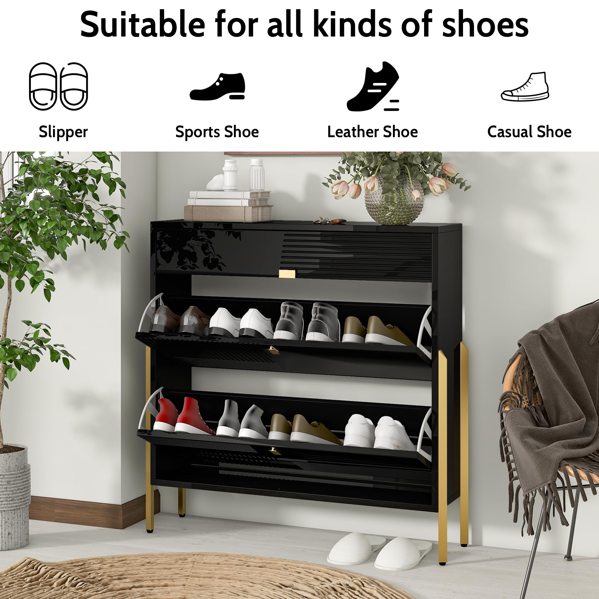 Bellemave Shoe Cabinet Flip Drawers for Entryway Slim Shoe Organizer Free Standing Shoe Racks Modern Front Door Shoe Storage Cabinet with Doors for Hallway, Black