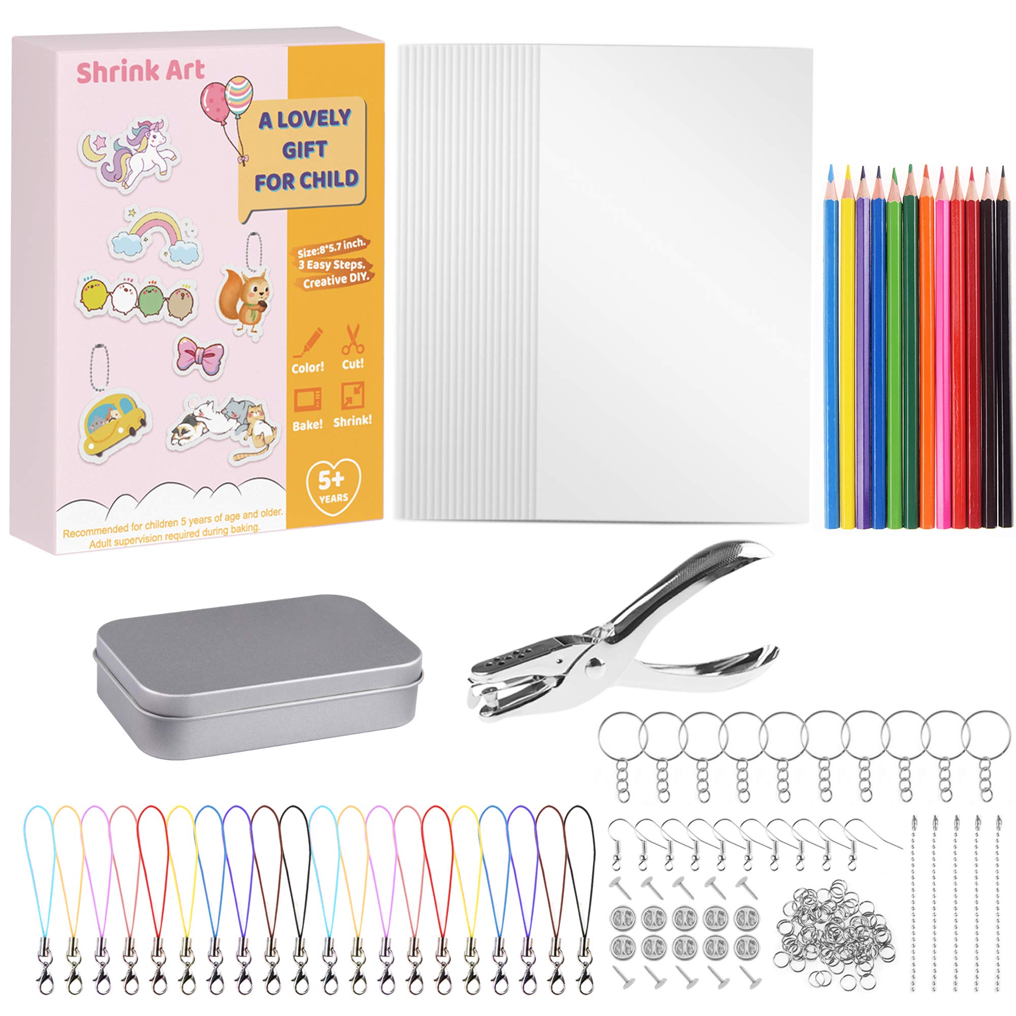 Rawskro 200 Pieces Shrink Plastic Sheet Kit Include 20 Blank Sheets Shrinky Art Paper,Hole Punch,165 Keychains Accessories,12 Colored Pencils for Kids Creative Craft Activities for All Ages