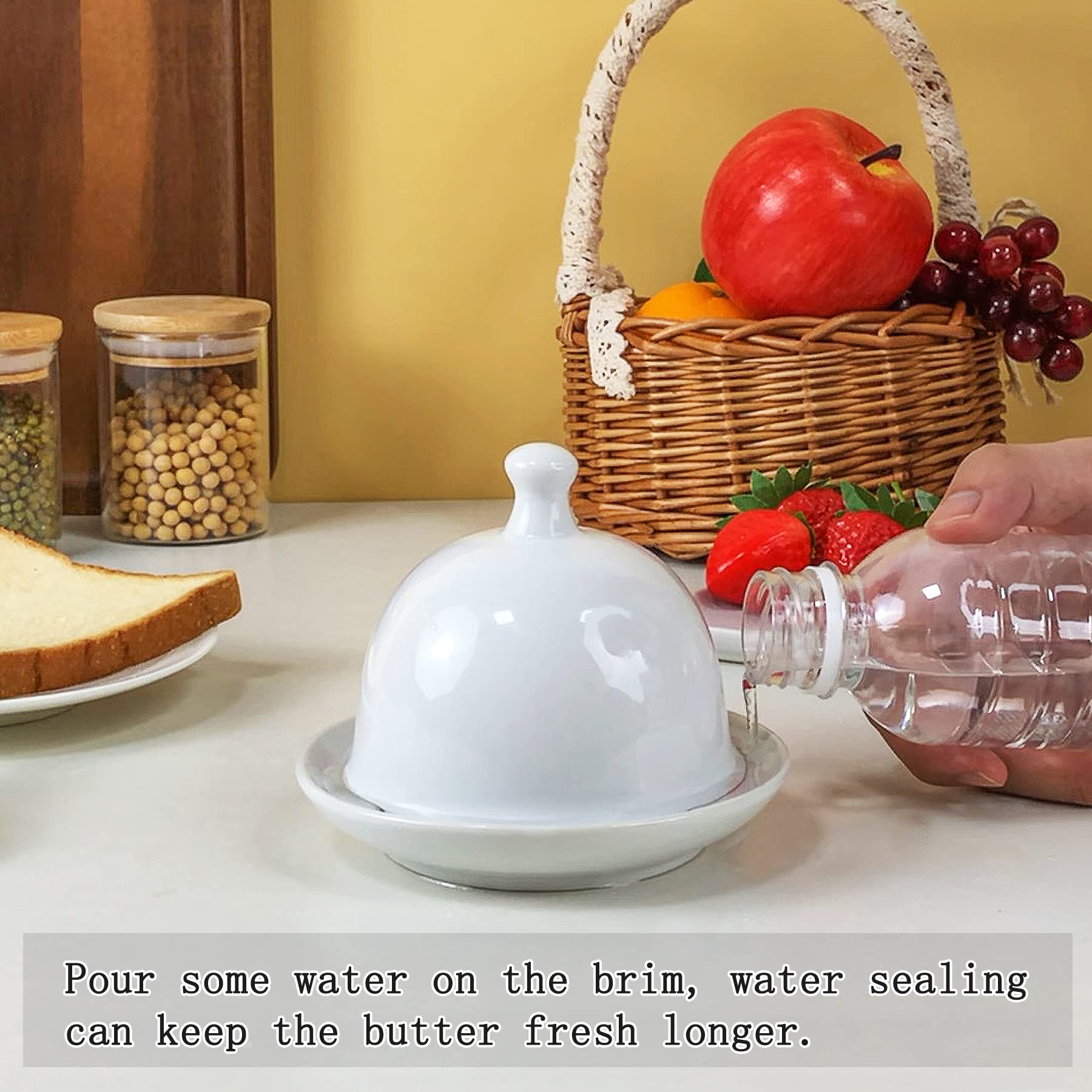 Butter dish, Ceramic Small Butter Dish with Lid, 2024 NEW Original Design Mini Butter Crock Keeper with Handle, 17 OZ Mini Butter Container Cover and Water Sealing 2 Ways Sealing