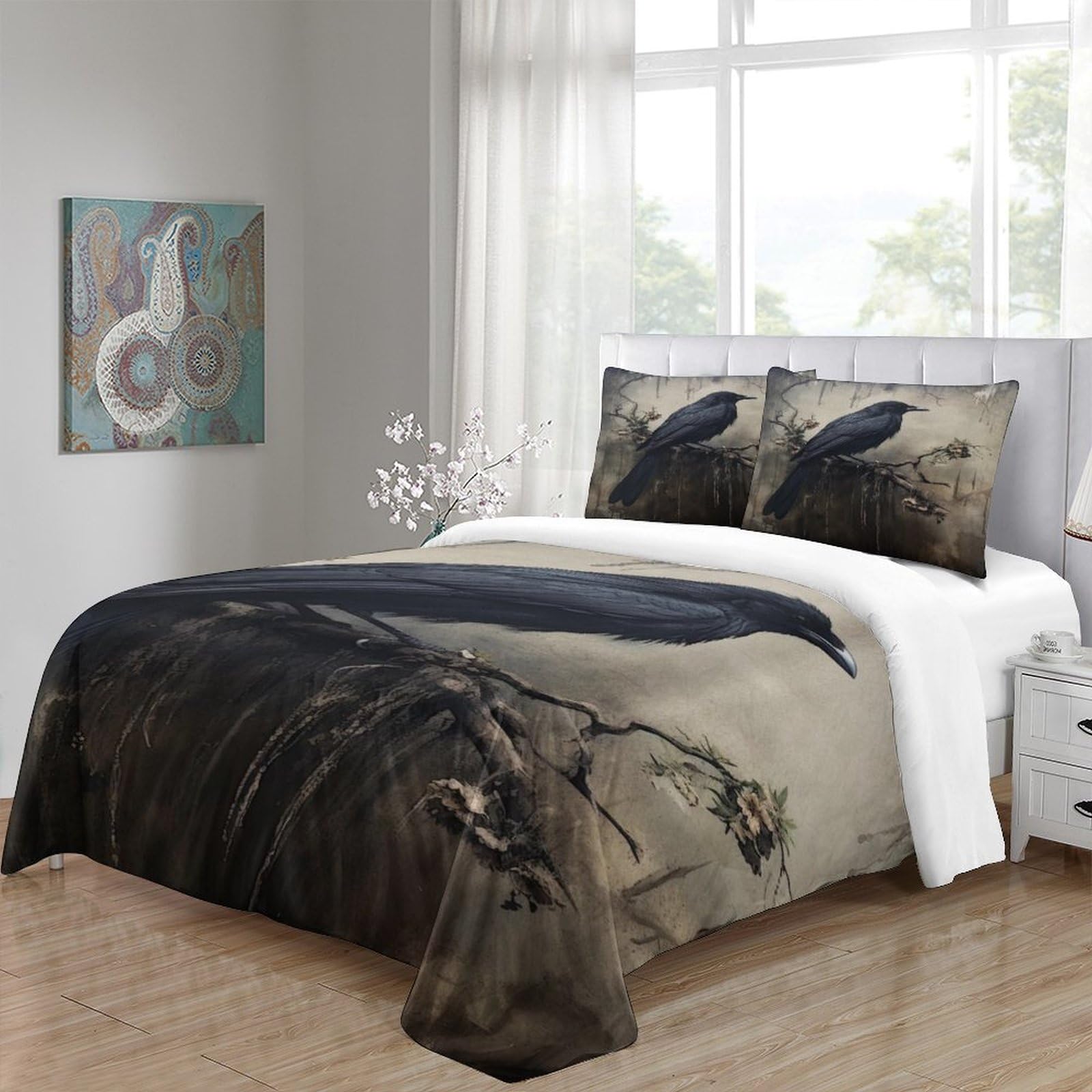 BUKISA 3D Printed Raven Comforter Cover Set for Kids Child Girls Boys Bedroom Textile Suit Skin-Friendly Crows Bedding Set Breathable Twin(173x218cm) Duvet Quilt with Pillowcases