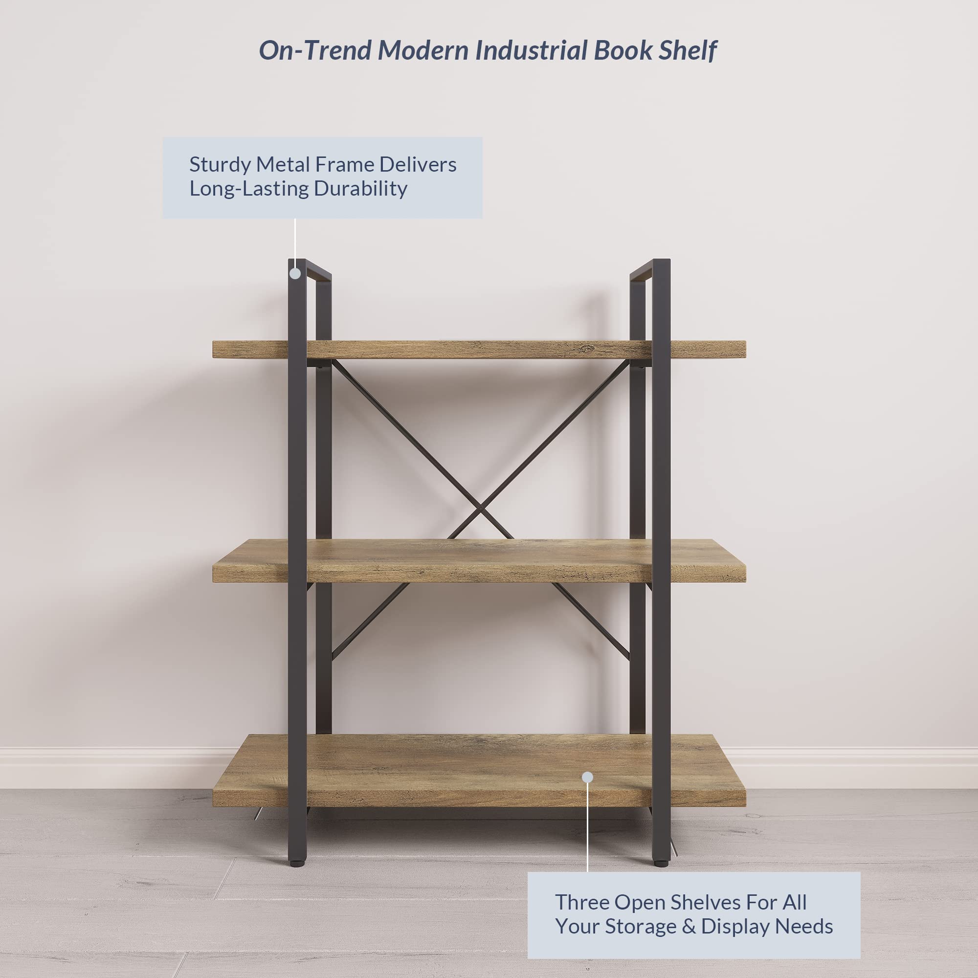 BELLEZE 3 Tier Modern Rustic Industrial Bookshelf, Open Wide Office Etagere Book Shelf, Wood and Metal Bookcases with Storage Display Rack - Hazel (Rustic Oak)