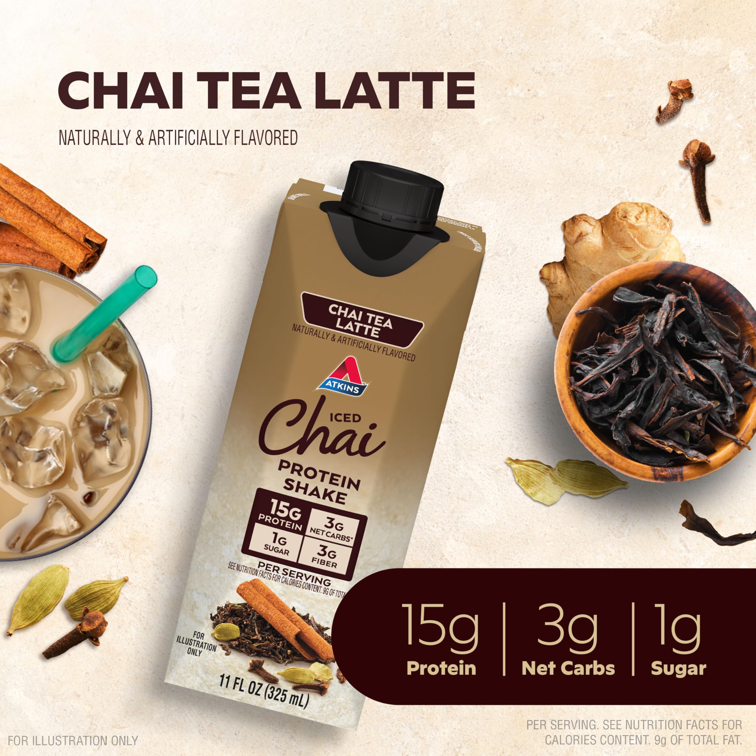 Atkins Chai Tea Latte Protein Shake, 15g Protein, Low Glycemic, 3g Net Carb, 1g Sugar, Keto Friendly