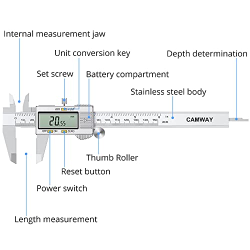 CAMWAY Digital Caliper 6Inch + Feeler Gauge Stainless Steel Electronic Vernier Caliper 150mm, Fractions/Inch/Metric Measuring Tool for Length Width Depth Inner Diameter Outer Diameter