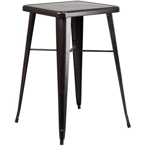 Flash Furniture Commercial Grade 23.75" Square Black-Antique Gold Metal Indoor-Outdoor Bar Table Set with 2 Stools with Backs