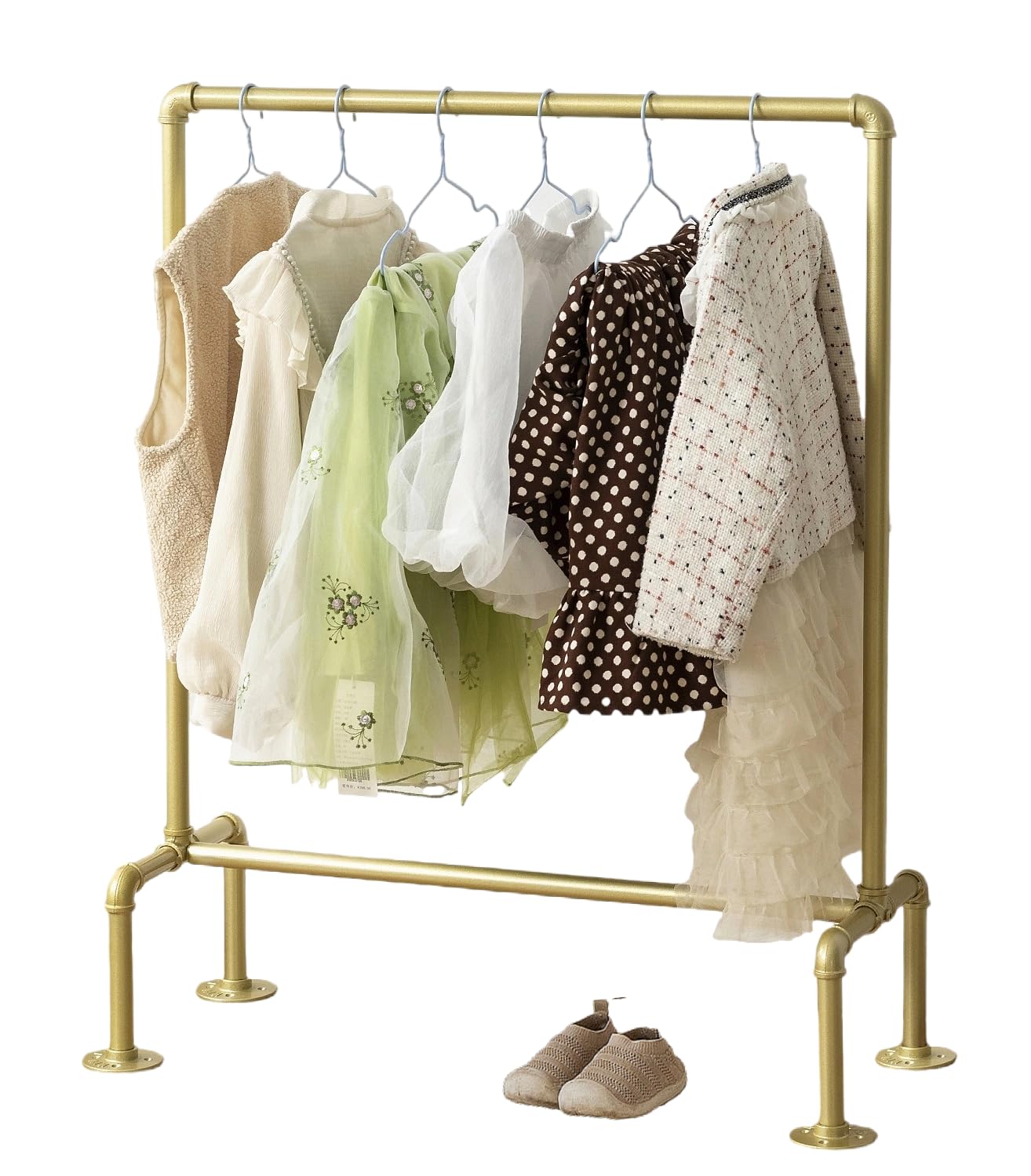 DOFURNILIM Industrial Kids Pipes Dress up Racks, Child Garment Racks, Kids Clothing Racks, Hanging Clothes Rod Storage Shelf Organizers Shelves Shelving, Gold Metal