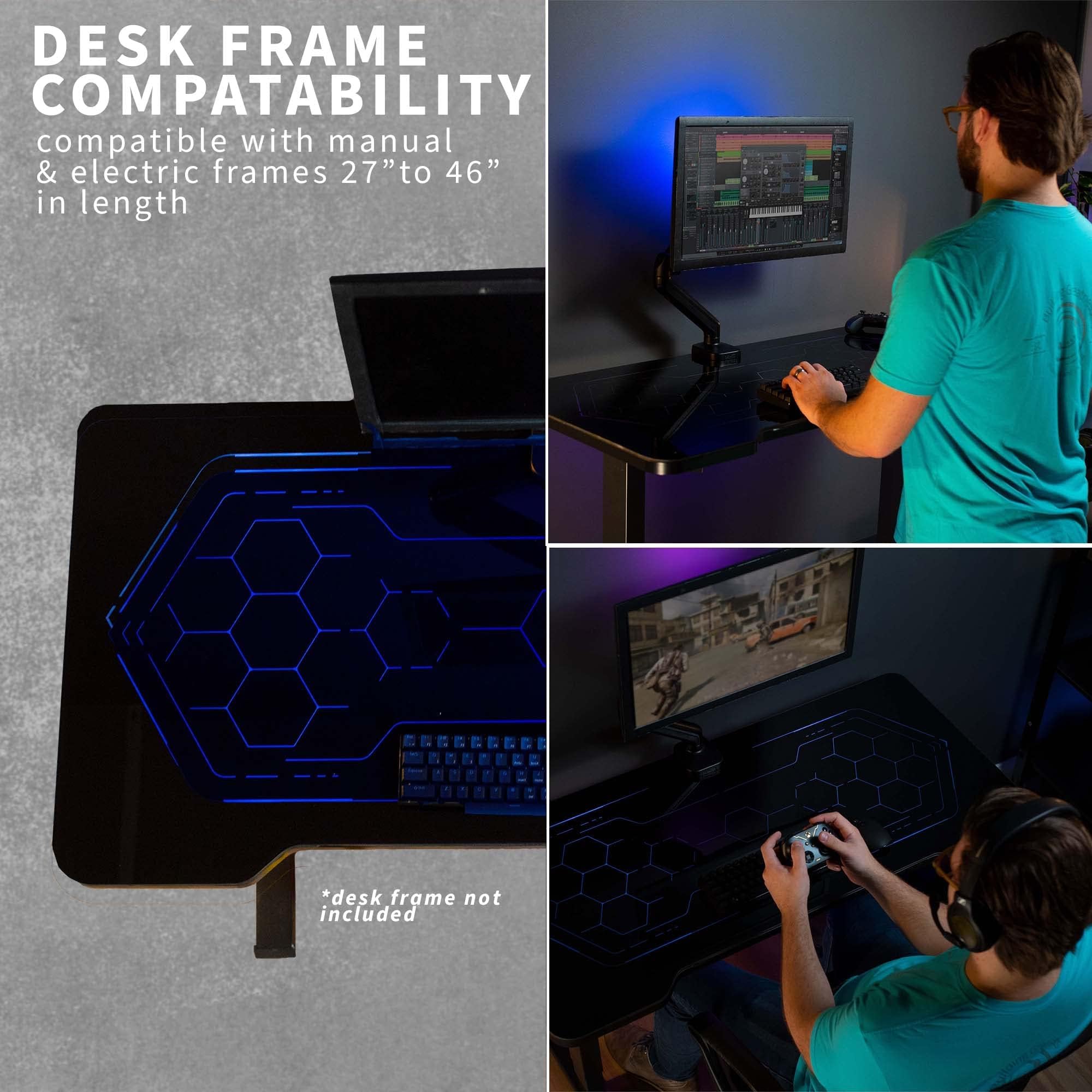 VIVO Universal 48 x 24 inch Solid One-Piece Tempered Glass Gaming Desktop with Breathing RGB Geo-Honeycomb LED Lights for Sit Stand Height Adjustable Desks, Gamer Workstation, Black, DESK-TOP48BG
