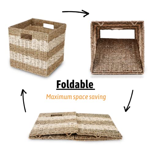 Foldable Hand-woven Wicker Cube Storage Bins, Collapsible Wicker Storage Cubes, Natural Palm Fiber & Seagrass Storage Baskets, Chi An Home Cubes Organizer with Handles, 4 Pack - 11.8" x 11.8" x 11.8"
