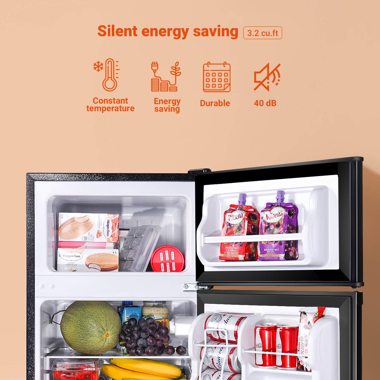 DSF Mini Fridge with Freezer, 3.2 Cu.Ft Mini Refrigerator, 2 Door, 37DB Low Noise, Engery Saving with LED Light, Low-frost Mini Fridge for Bedroom, Office, Dorm, RV, Apartment, Black- MPBFD321