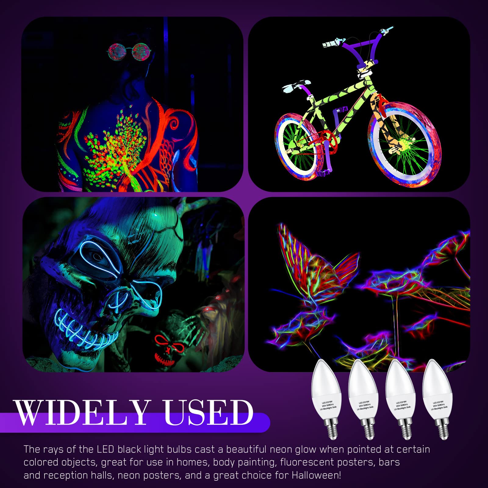 Qualirey 4 Pieces LED Black Light Bulb 6w E12 Base Blacklight Candle Bulb Glow in The Dark Party Level 395-400 Nm Halloween Black Lights for Home Stage DJ Disco, Body Paint, Neon Fluorescent Poster