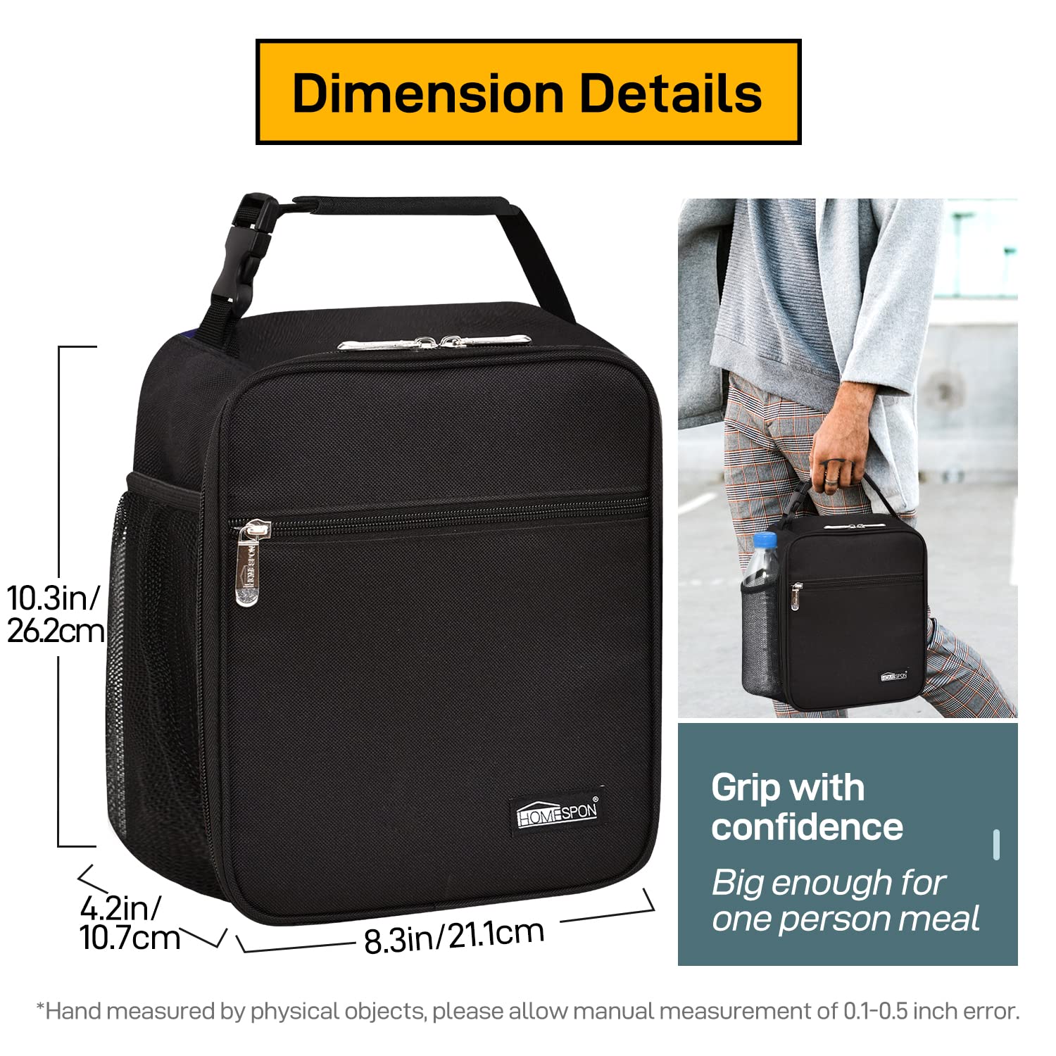 Buringer HOMESPON Reusable Lunch Bag Insulated Lunch Box Bento Cooler Tote with Front Pocket For Office/Outdoor (Black)