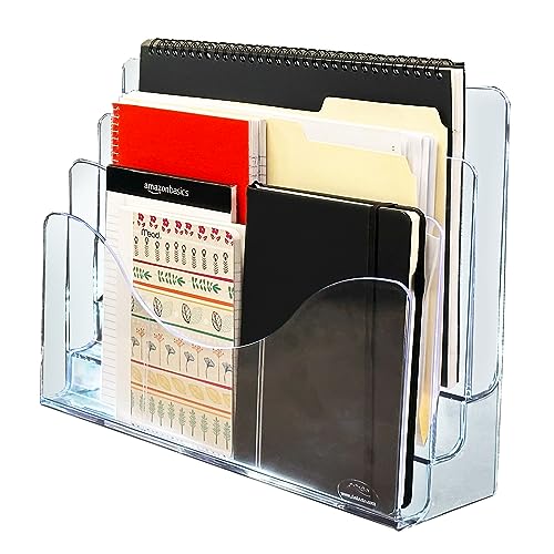 Azar Displays 250099 Three Tier File and Brochure Desktop Wall Organizer Holder with Dividers brochure display stand acrylic file holder, Clear