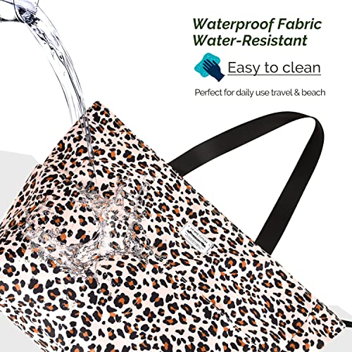 HOMESPON Large Waterproof Beach Bag for Women Sandproof Tote Bag Pool Bag with Zipper and Pockets for Travel Vacation Gym (Leopard Print)