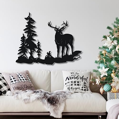 Metal Deer Squirrel Art, Tree Mountain Metal Wall Decor, Deer Decoration, Metal Forest Wall Art, Metal Tree Mountain Decor, Wall Hanging, Nature Signs,Wildlife Metal Wall Decor, Nature View Wall Art (BLACK, 23 x 29.52" / 59.6 x 75 cm)