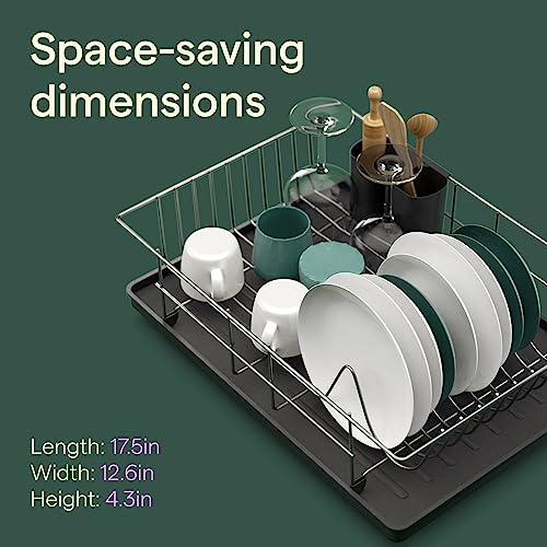 Compact Dish Rack - Sink Drying Rack, Dish Drainer for Kitchen, Stainless Dish Drying Rack Over The Sink, Space Saving Kitchen Sink Rack w/Removable Drip Tray Utensils Holder