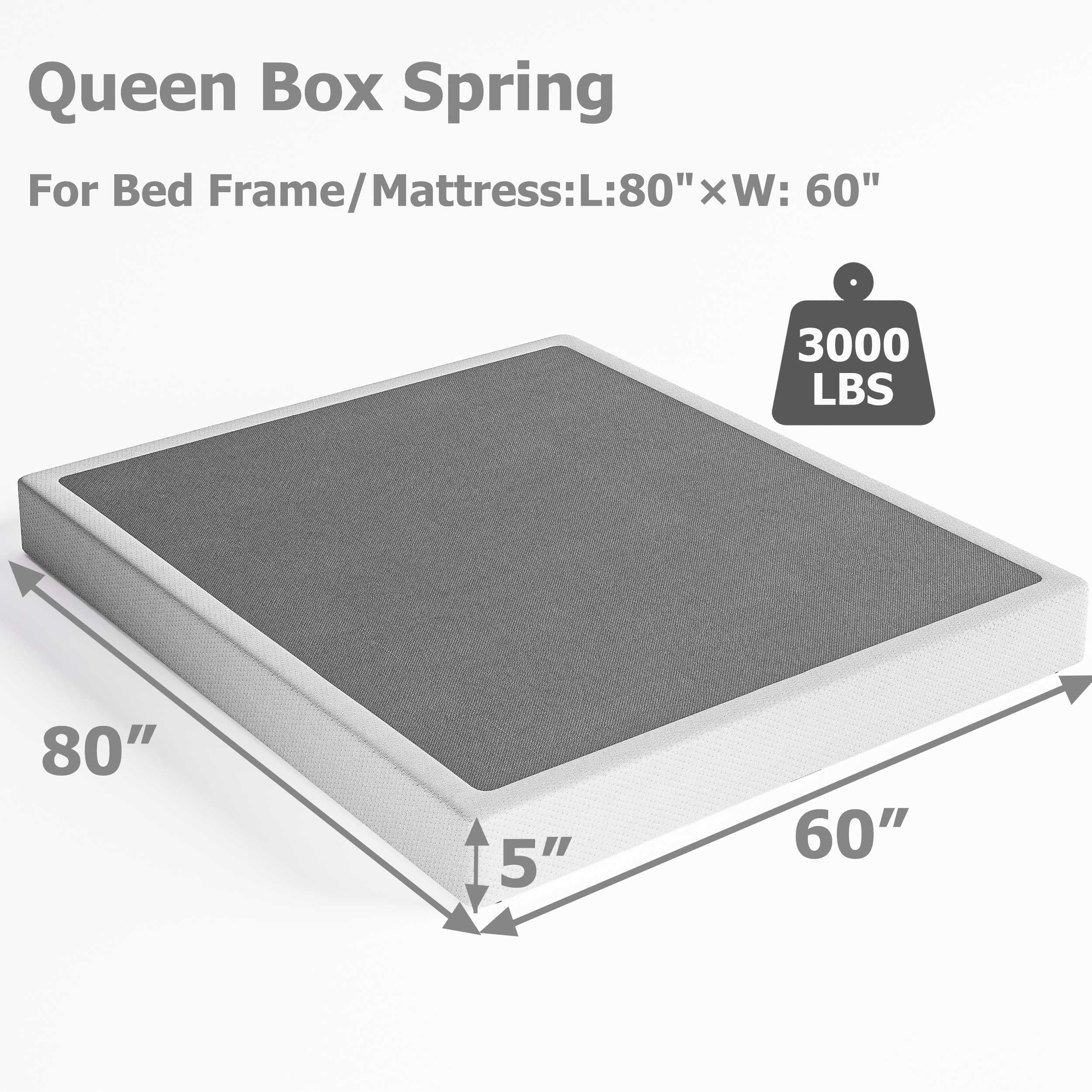 Daqutic Box Spring Queen,5 Inch Metal Box-Spring Only, Mattress Foundation, Heavy Duty Structure with Fabric Cover Metal Frame, Noise Free, Non-Slip, Easy Assembly
