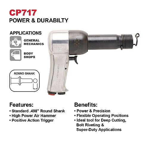 Chicago Pneumatic CP717 - Air Hammer, Welding Equipment Tool, Construction, Heavy Duty, 0.498 Inch (12.7mm), Round Shank, Stroke 2.68 in / 68 mm, Bore Diameter 0.75 in / 19 mm - 1800 Blow Per Minute