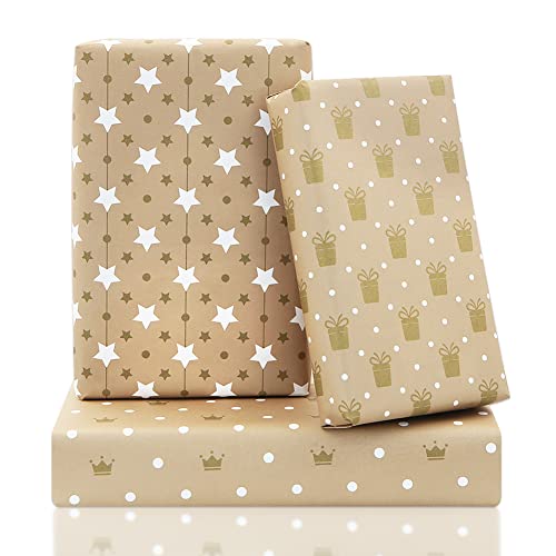 Elegant Gift Birthday Princess Wrapping Paper For Mom Dad Boys Girls Friends, 20x28" Per Sheet(6 sheets:23 sq.ft.ttl.) in 3 Designs Include Classic Patterns Like Polka Dots Crown Gift Package Stars For Wedding Bridal Shower Engagements Birthday Christmas
