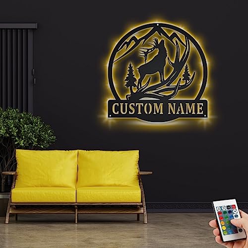 Metal Sign With Led Light Custom Elk Deer Metal Wall Art With LED Light, Personalized Elk Deer Name Sign Decoration For Room, Elk Deer Metal LED Decor,Custom Elk Deer