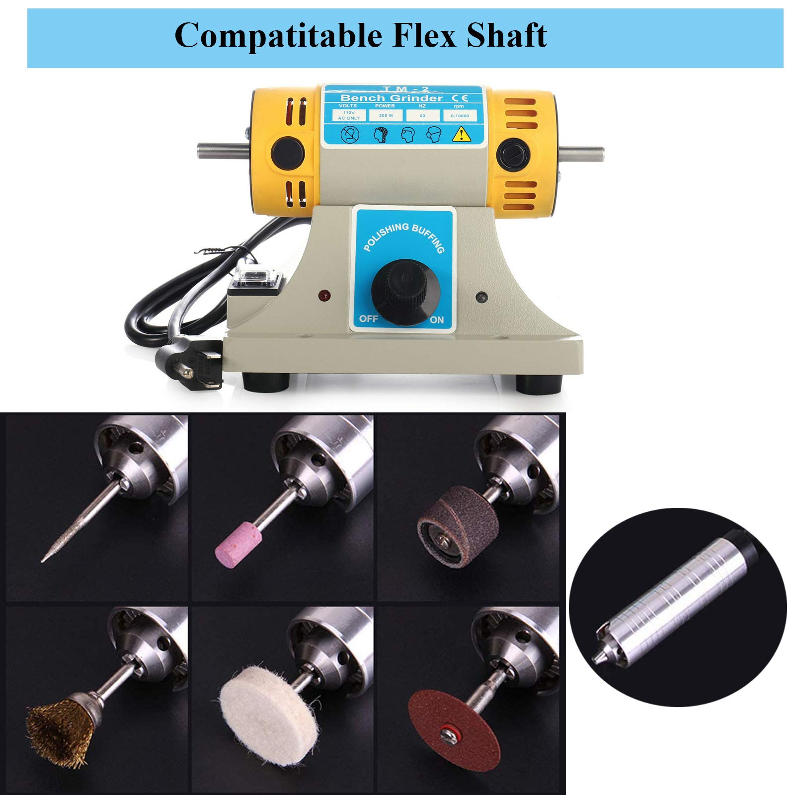 Electric Bench Buffer Polisher, 350W Mini Jewelry Rock Polishing Grinding Buffing Benchtop Tool Kits, Variable Speed 0~10000 RPM, DIY Rock Gem Jade