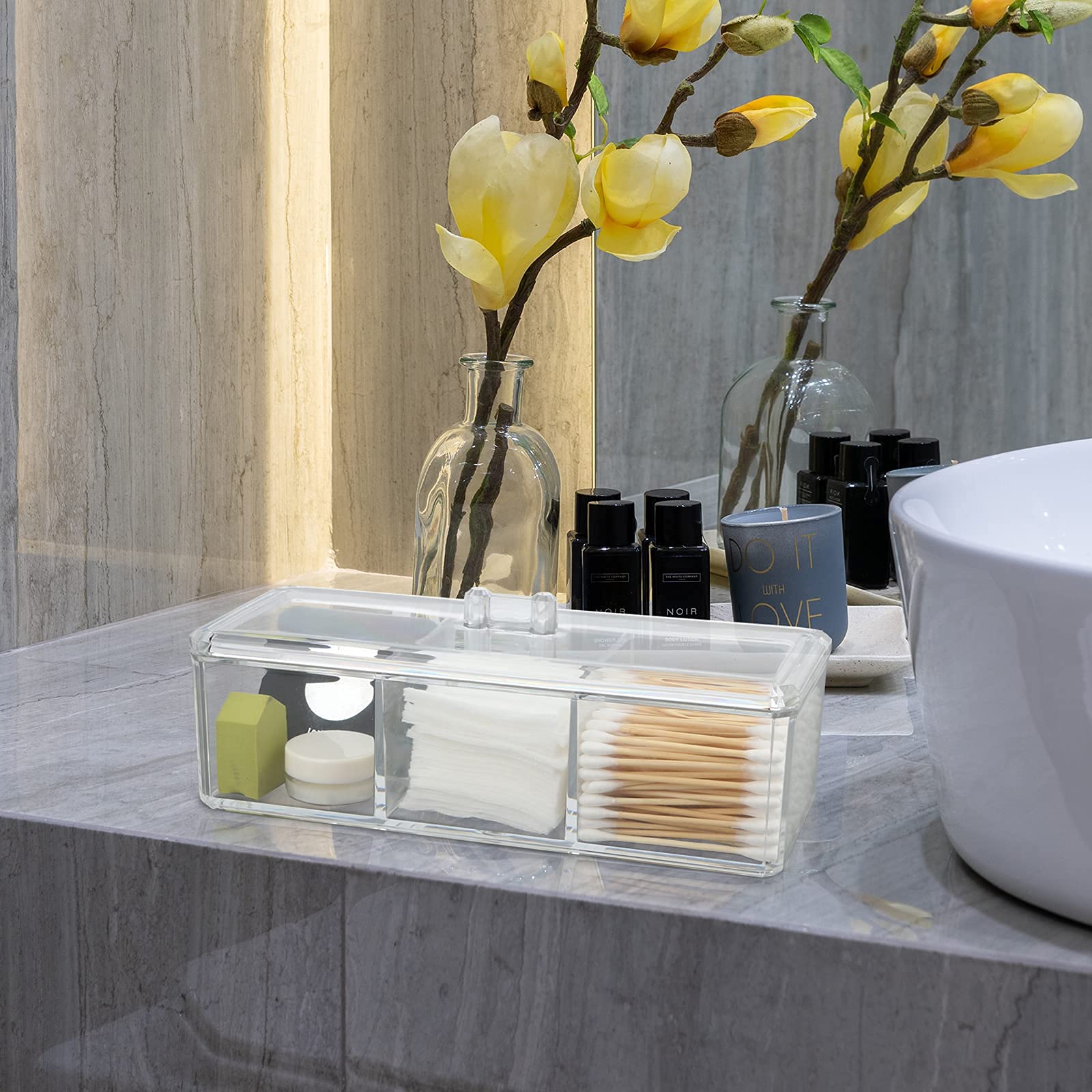 dedoot Plastic Drawer Organizer, Clear Acrylic Vanity Desk Storage and Organizer, 3 Compartment Make Up Holder with Lid Bathroom Display Storage Container for Jewelry, Small Items, 9.17x3.7X3.46 Inch