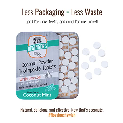 Dr. Ginger's White Charcoal Toothpaste Tablets, Eco-Friendly Travel Chewable Tabs for Whitening, Fresh Breath, & Gum Support, Enamel-Safe, Coconut Mint Flavor, Fluoride-Free 0.75oz Tin, 60 Tablets