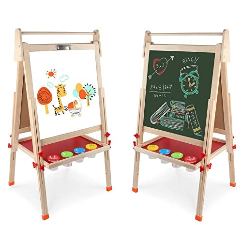 Kids Wooden Art Easel Double-Sided Whiteboard and Chalkboard Adjustable Standing Easel with Paper Roll Holder,Letters and Numbers Magnets and Other Accessories Gift for Kids Toddlers Boys and Girls